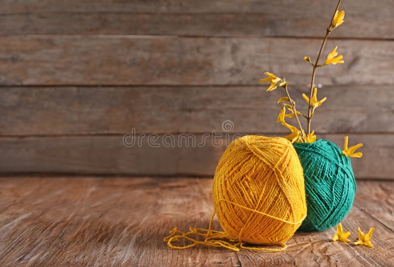 Colorful Knitting Yarn on Wooden Table Stock Image - Image of ...