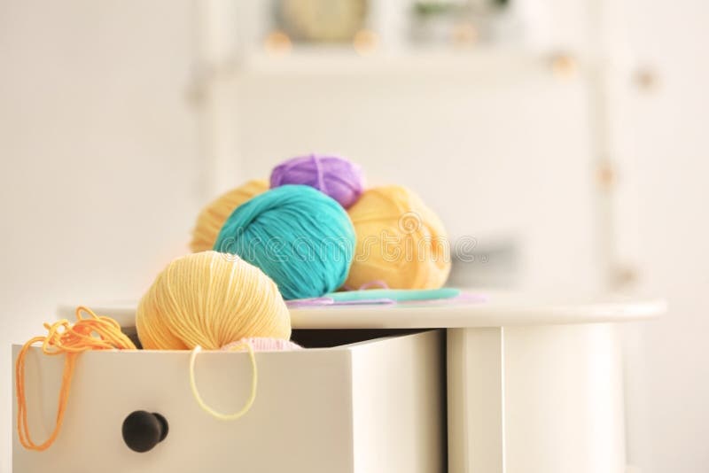 Colorful Knitting Yarns in Drawer and on Table Indoors Stock Photo ...