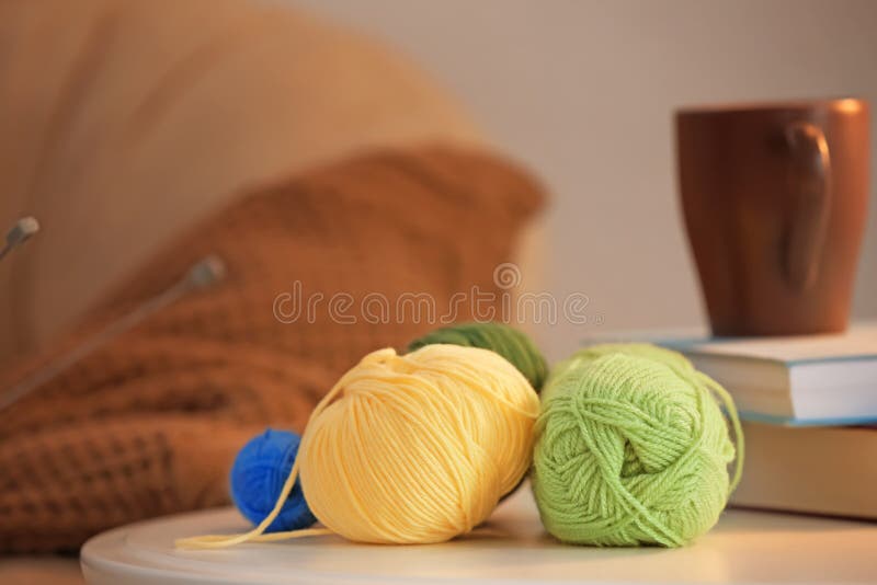 Colorful Knitting Yarns on Table Indoors Stock Image - Image of craft ...