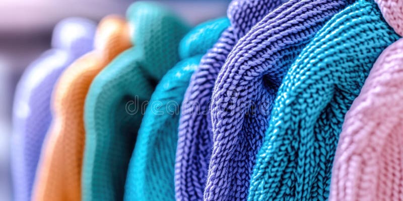 Colorful Knitwear Display with Various Textures and Patterns in a Row ...