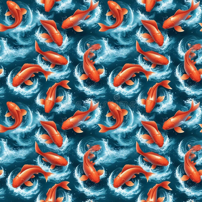 Colorful Koi Fish Dance among Waves in a Vibrant Aquatic Pattern Stock ...
