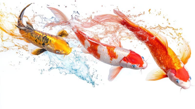 Colorful Koi Fish Jumping Out of Splash on a White Background ...