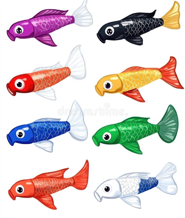 Colorful Koi Fish Kites with Bold Outlines and Lively Patterns on Plain ...