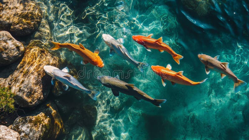 Colorful Koi Fish Swimming in a Teal Pond Stock Illustration ...