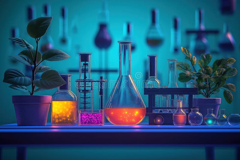 Colorful Lab Table with Plants, Glassware. Colorful Substances Fill ...