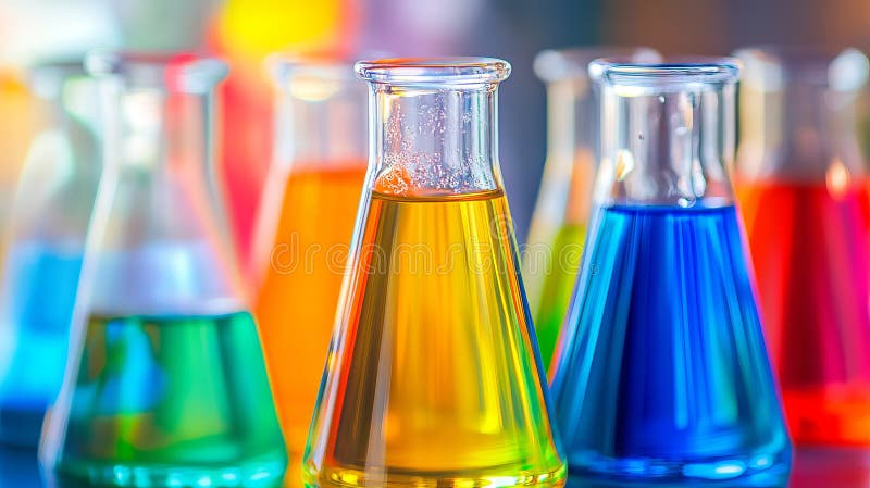Colorful Laboratory Beakers with Chemical Solutions Representing ...