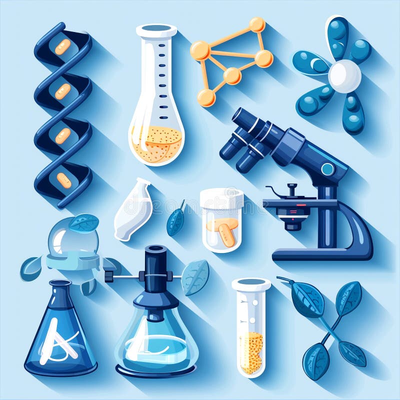 Colorful Laboratory Equipment and Biotechnology Elements on a Blue ...