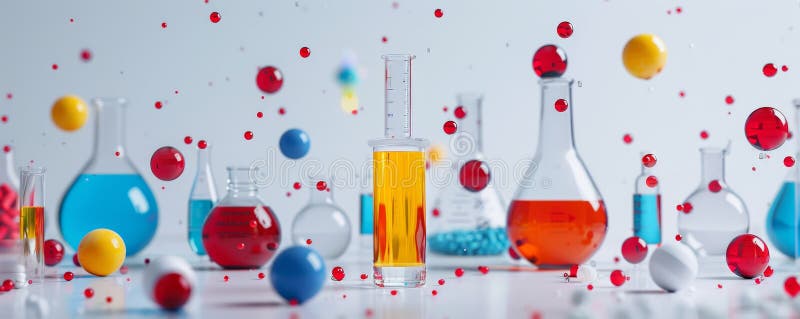 Colorful Laboratory Equipment with Floating Droplets and Molecules in a ...