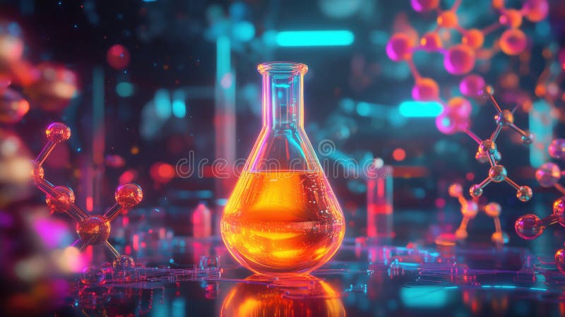 Colorful Laboratory Flask with Glowing Liquid and Molecules Stock Photo ...