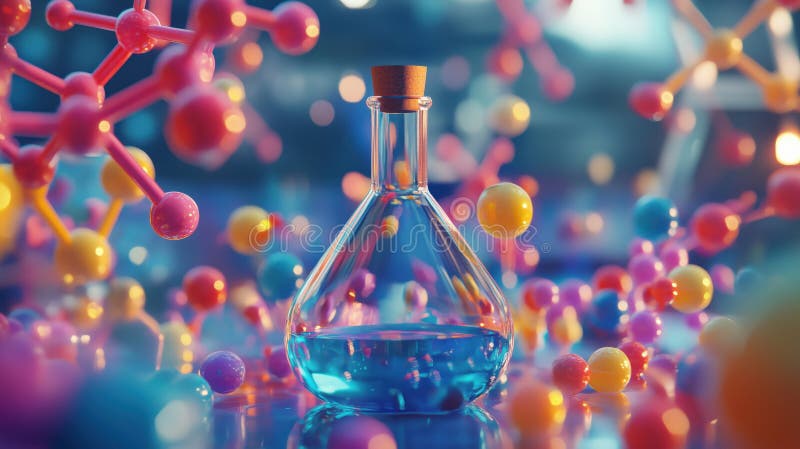 Colorful Laboratory Flask Surrounded by Molecular Structures Stock ...