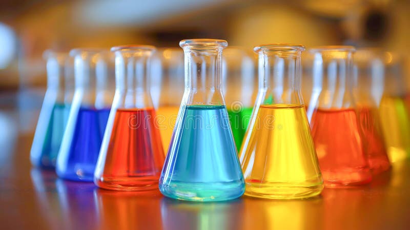 Colorful Laboratory Flasks Containing Various Liquids Illuminated ...
