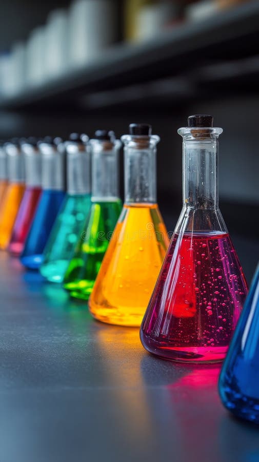 Colorful Laboratory Flasks Filled with Liquids Arranged on a Dark ...