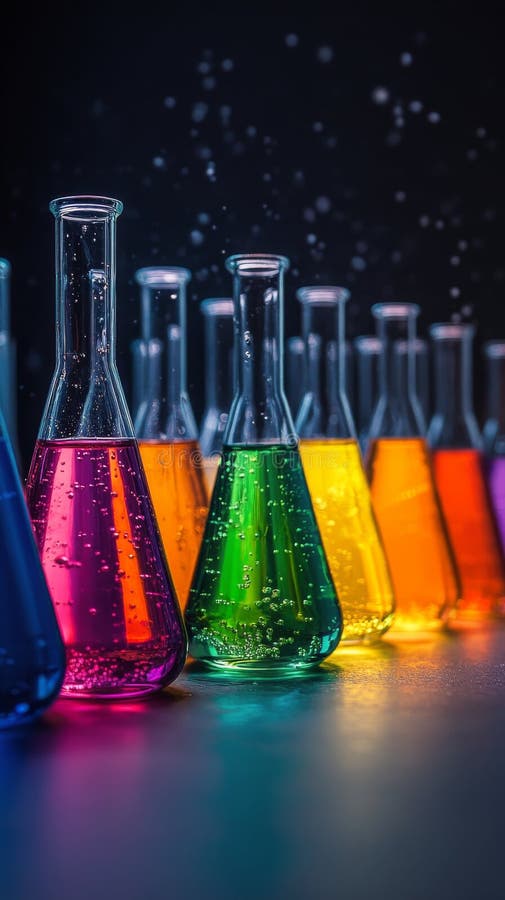 Colorful Laboratory Flasks Filled with Liquids Arranged on a Dark ...