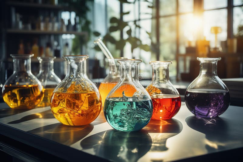 Colorful Laboratory Glassware Filled with Various Liquids Displayed in ...