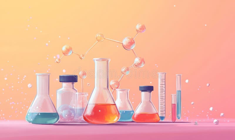 Colorful Laboratory Glassware with Floating Molecular Structure Against ...