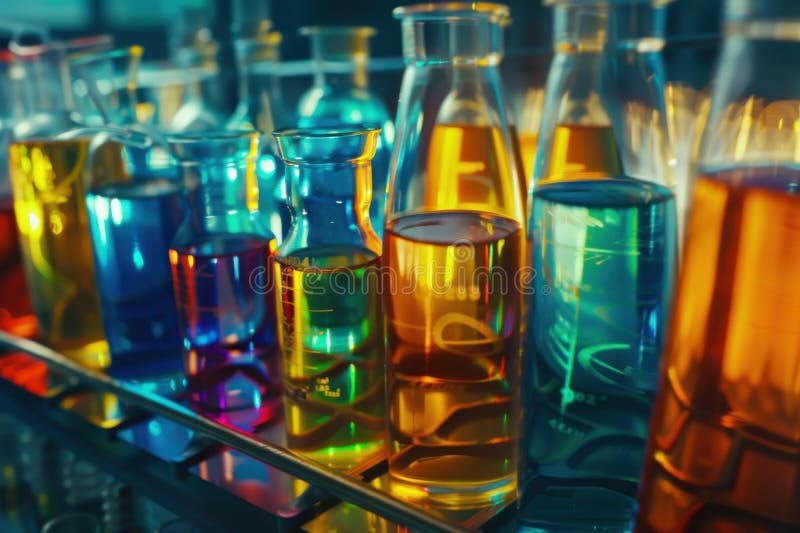 Colorful Laboratory Glassware with Liquids on a Table, Highlighting ...