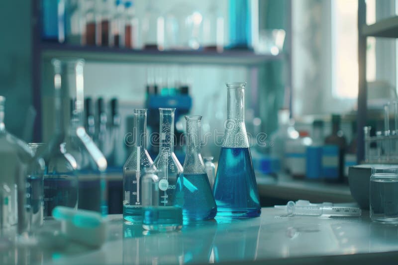 Colorful Laboratory Glassware with Liquids on a Table, Highlighting ...