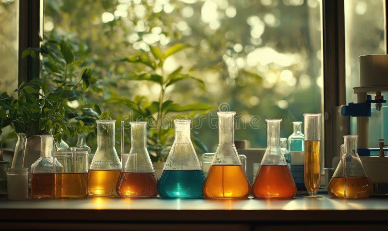 Colorful Laboratory Glassware Various Liquids Bright Natural Light ...
