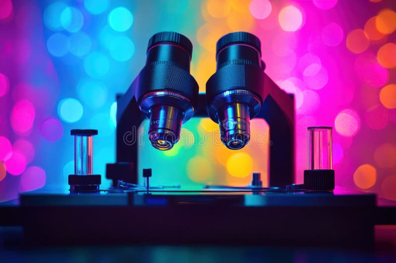 Colorful Laboratory Microscope Under Vibrant Lights in a Scientific ...