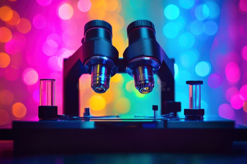 Colorful Laboratory Microscope Under Vibrant Lights in a Scientific ...