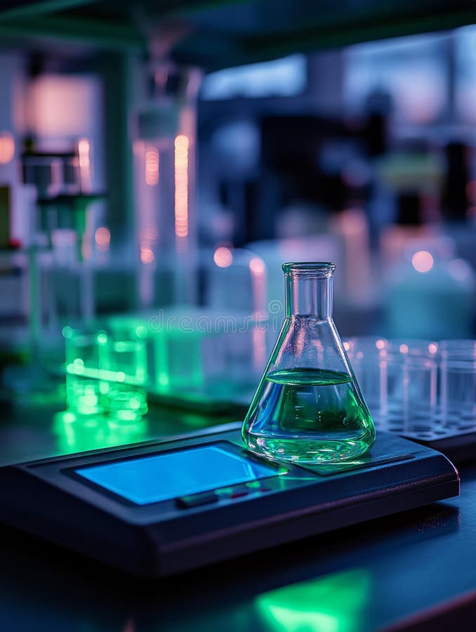 Colorful Laboratory Scene with Beaker on Digital Scale. Stock Image ...