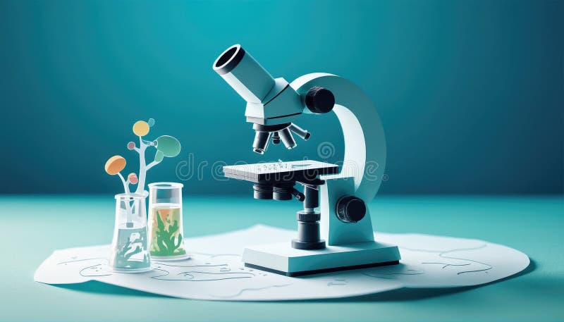 Colorful Laboratory Setup Featuring Microscope and Glassware on a Table ...
