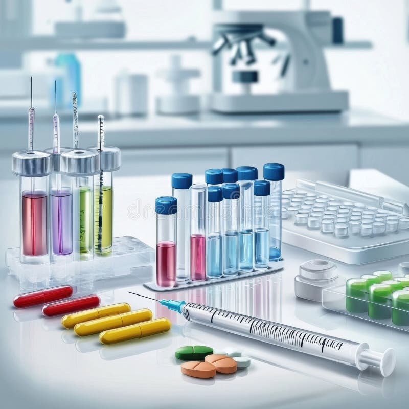 Colorful Laboratory Setup Showcasing Test Tubes, Medication, and a ...