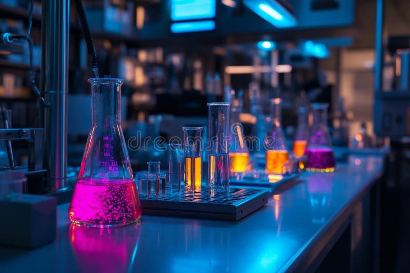 Colorful Laboratory Setup with Various Flasks Displaying Bright Liquids ...