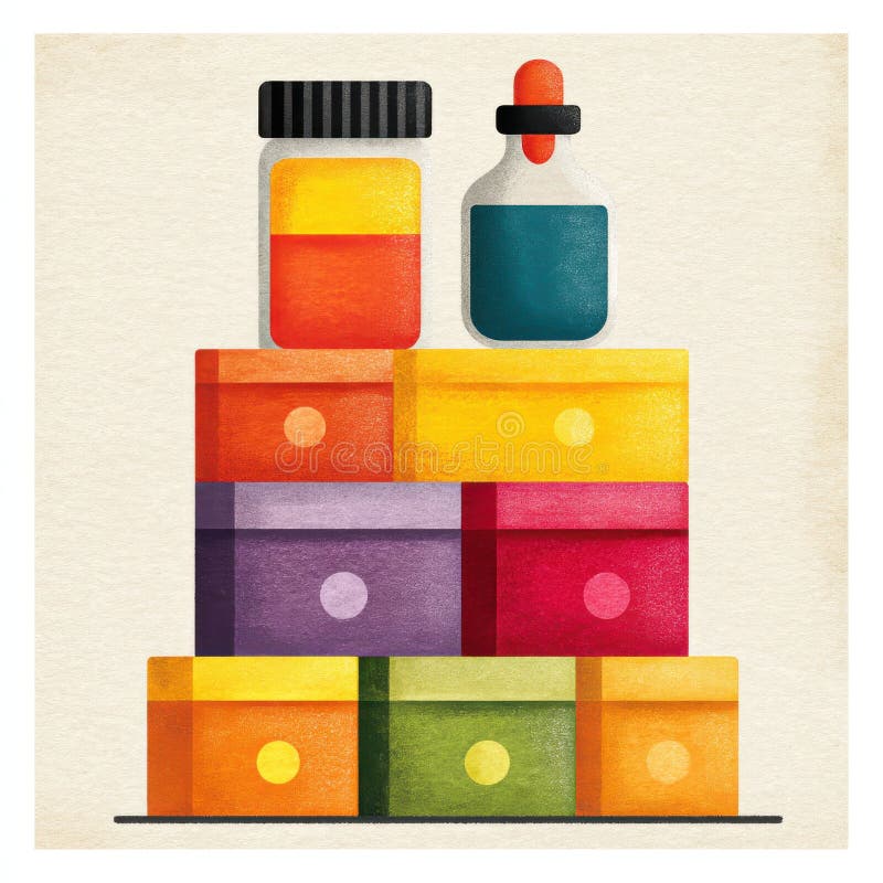 Colorful Laboratory Stack with Medicine Bottles and Storage Boxes Stock ...
