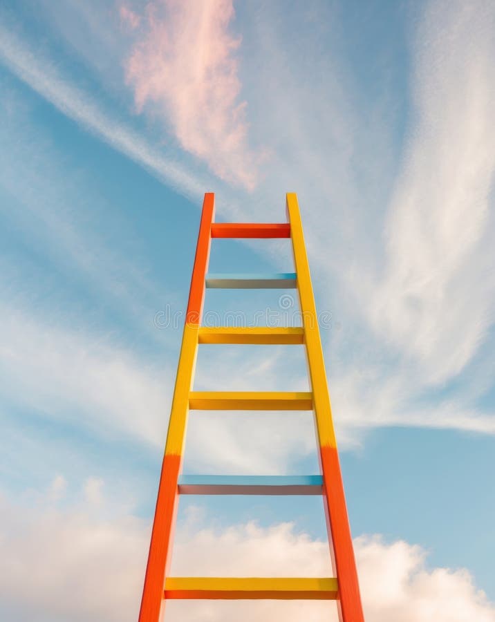 Colorful Ladder Reaching into Soft Pink and Blue Clouds Under a Clear ...