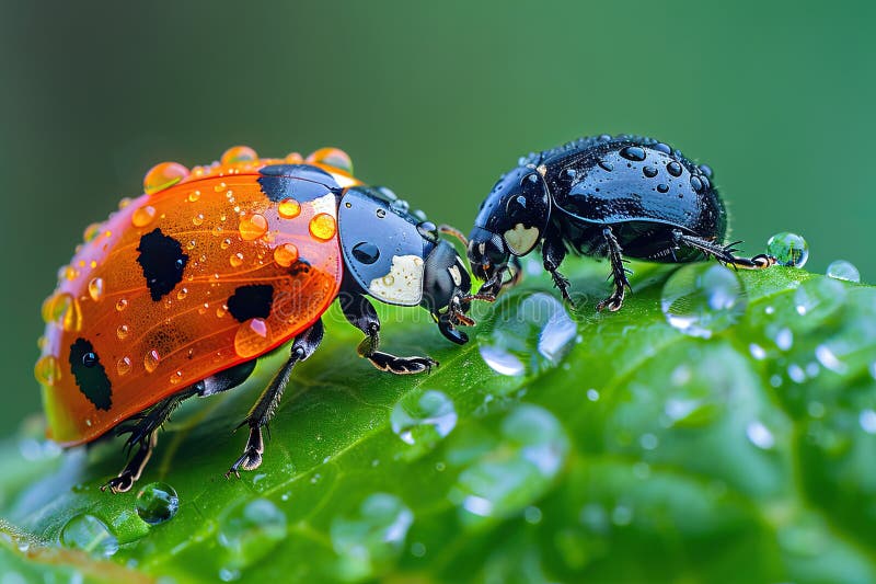Colorful Ladybug and Black Bug on a Green Leaf with Raindrops Stock ...