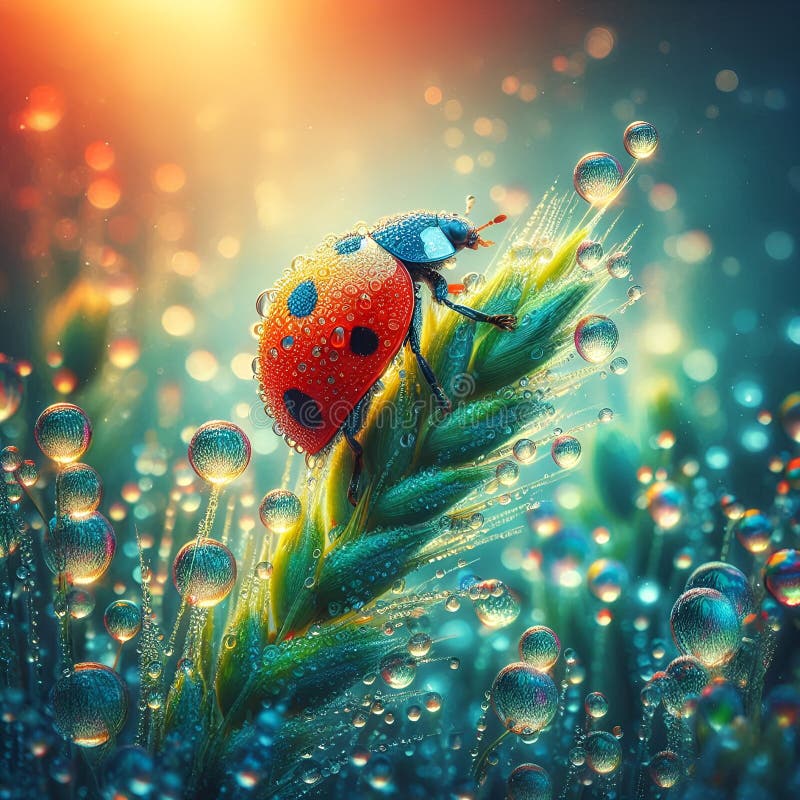 Colorful Ladybug with Morning Dew Stock Image - Image of blur, rain ...