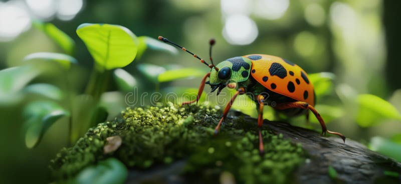 Colorful Ladybug on Mossy Log Surrounded by Lush Green Foliage in ...
