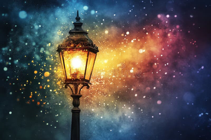 A Colorful Lamp Post with a Yellow Light Shining on it Stock ...