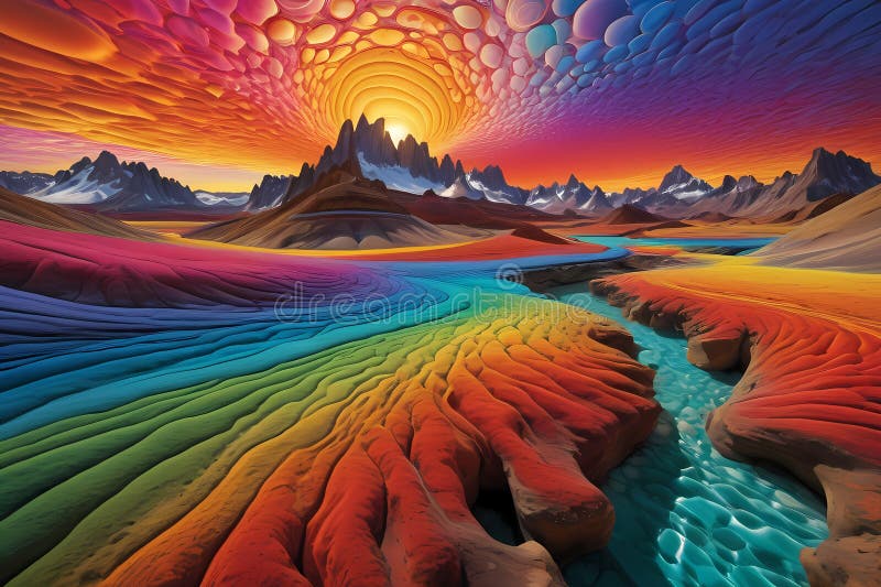 A Colorful Landscape with Mountains and a River, Bright and Bold Colors ...