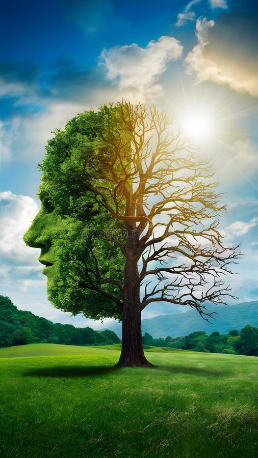 Colorful Landscape with Split Tree, Sun Symbolizing Life Cycle in ...