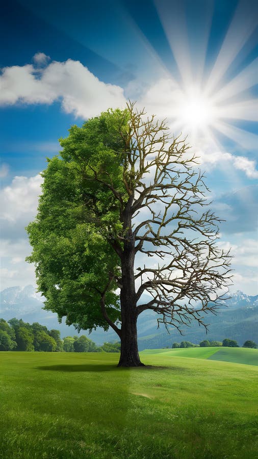 Colorful Landscape with Split Tree, Sun Symbolizing Life Cycle in ...