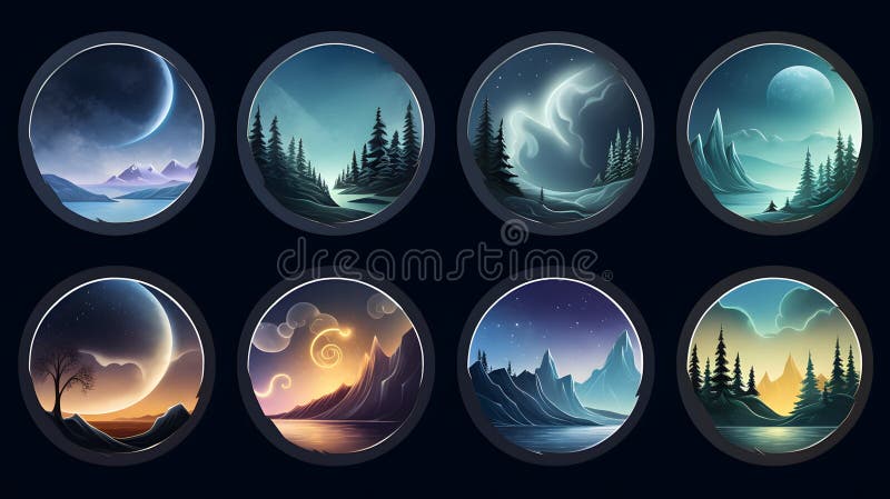 Colorful Landscapes Displayed in Round Frames Showcasing Various ...