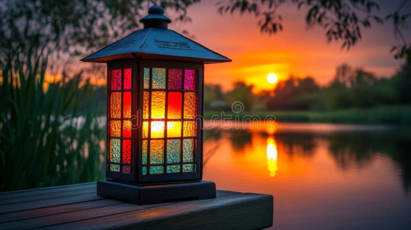 Colorful Lantern Illuminates Sunset Lakeside Scene Stock Illustration ...