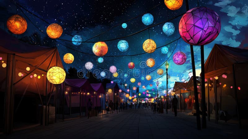 Colorful Lanterns Illuminate a Night Market Scene Stock Illustration ...