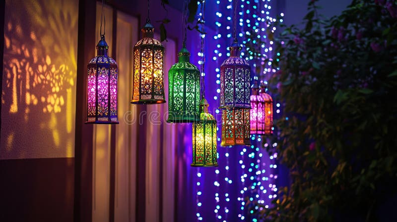 Colorful Lanterns Illuminate a Wall at Night, Casting Shadows Stock ...