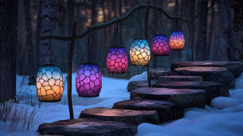 Colorful Lanterns Illuminating a Snowy Path in a Serene Forest Setting ...