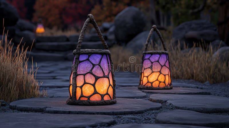 Colorful Lanterns Illuminating a Stone Pathway at Dusk Stock ...