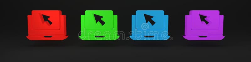 Colorful Laptop and Cursor Icon Isolated on Black Background. Computer ...