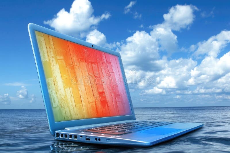 Colorful Laptop on Water with Cloudy Sky: Creative Outdoor Technology ...