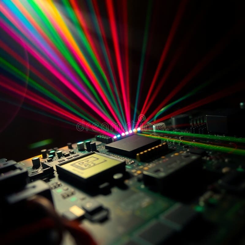 Colorful Laser Beams Projecting from a Microchip on a Circuit Board in ...