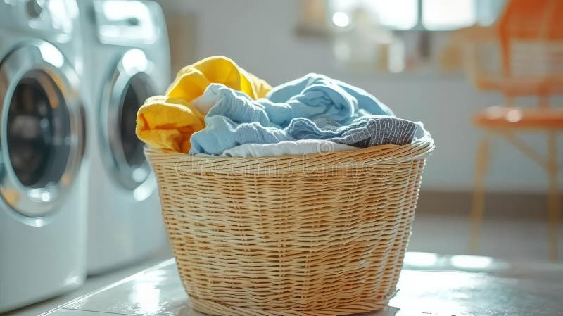 Colorful Laundry in Basket, Fresh and Clean, in a Bright Laundry Room ...