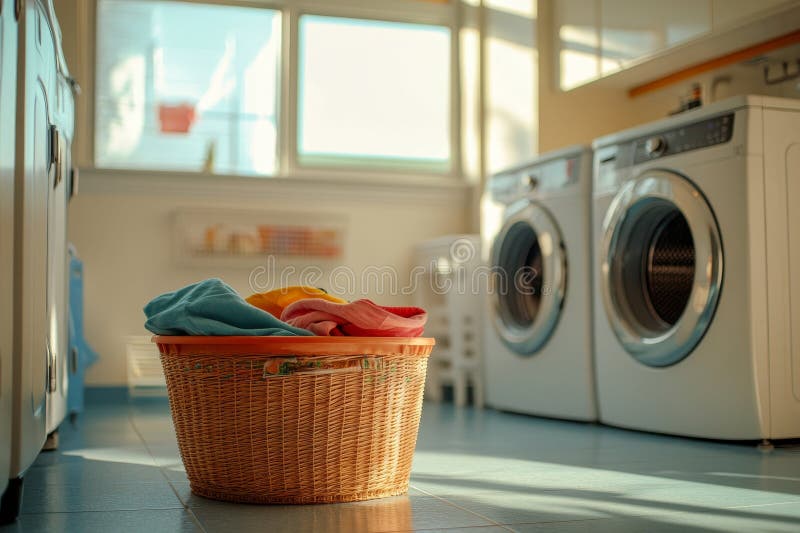 A Colorful Laundry Basket in Front of an Open Washing Machine Captures ...