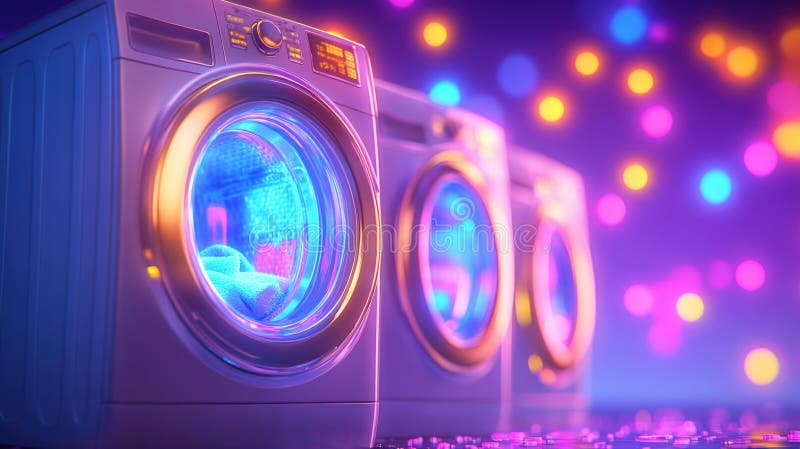 Colorful Laundry Machines with Vibrant Lights in Modern Setting Stock ...
