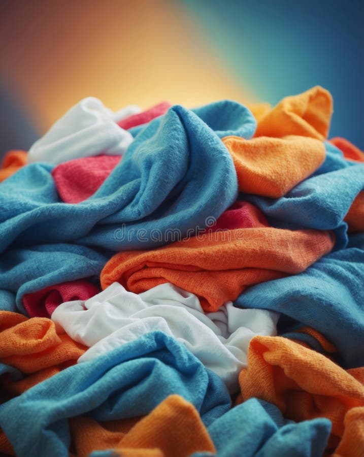 Colorful Laundry Pile with Detergent on Blue Background. Stock ...